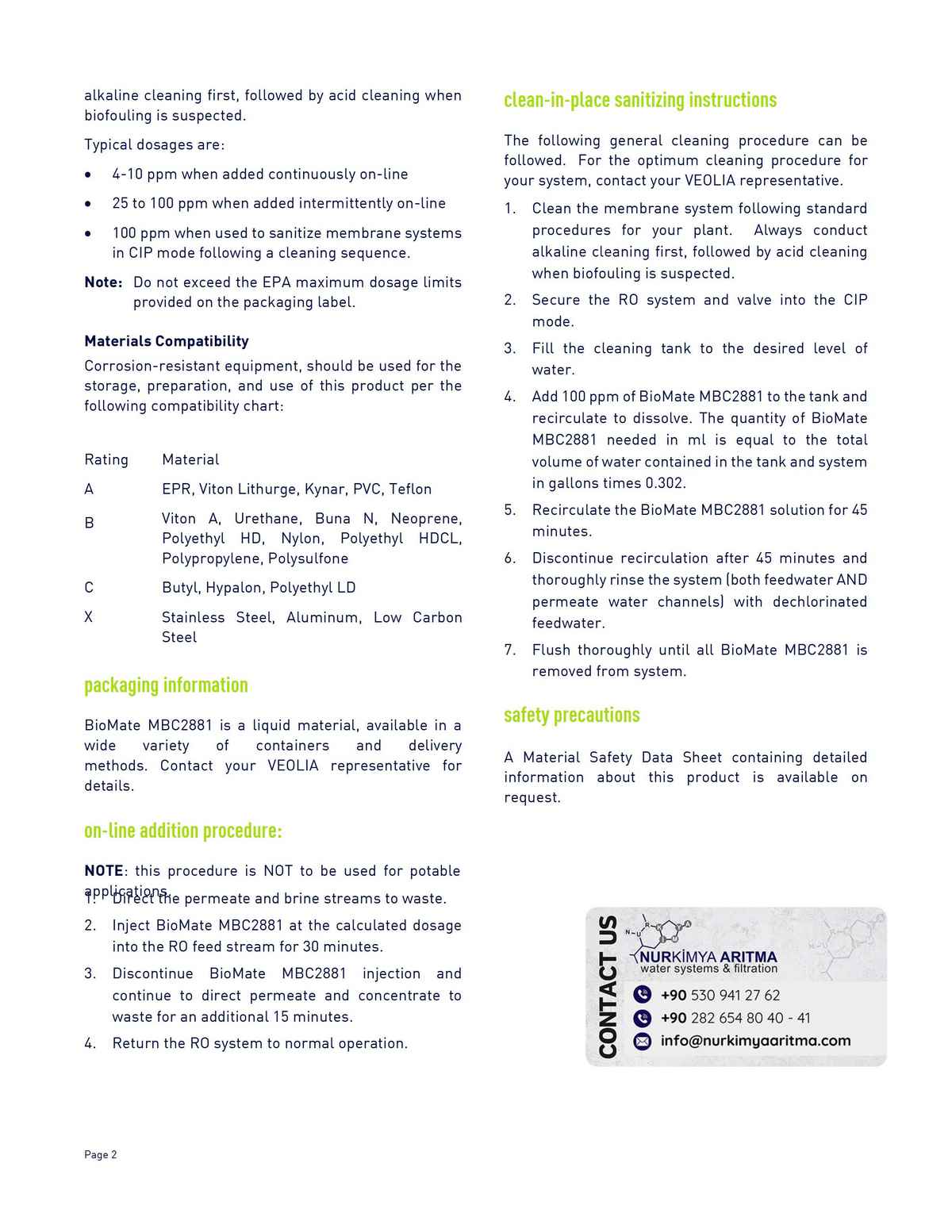 BioMate MBC2881 membrane biocide - Nur Kimya Arıtma