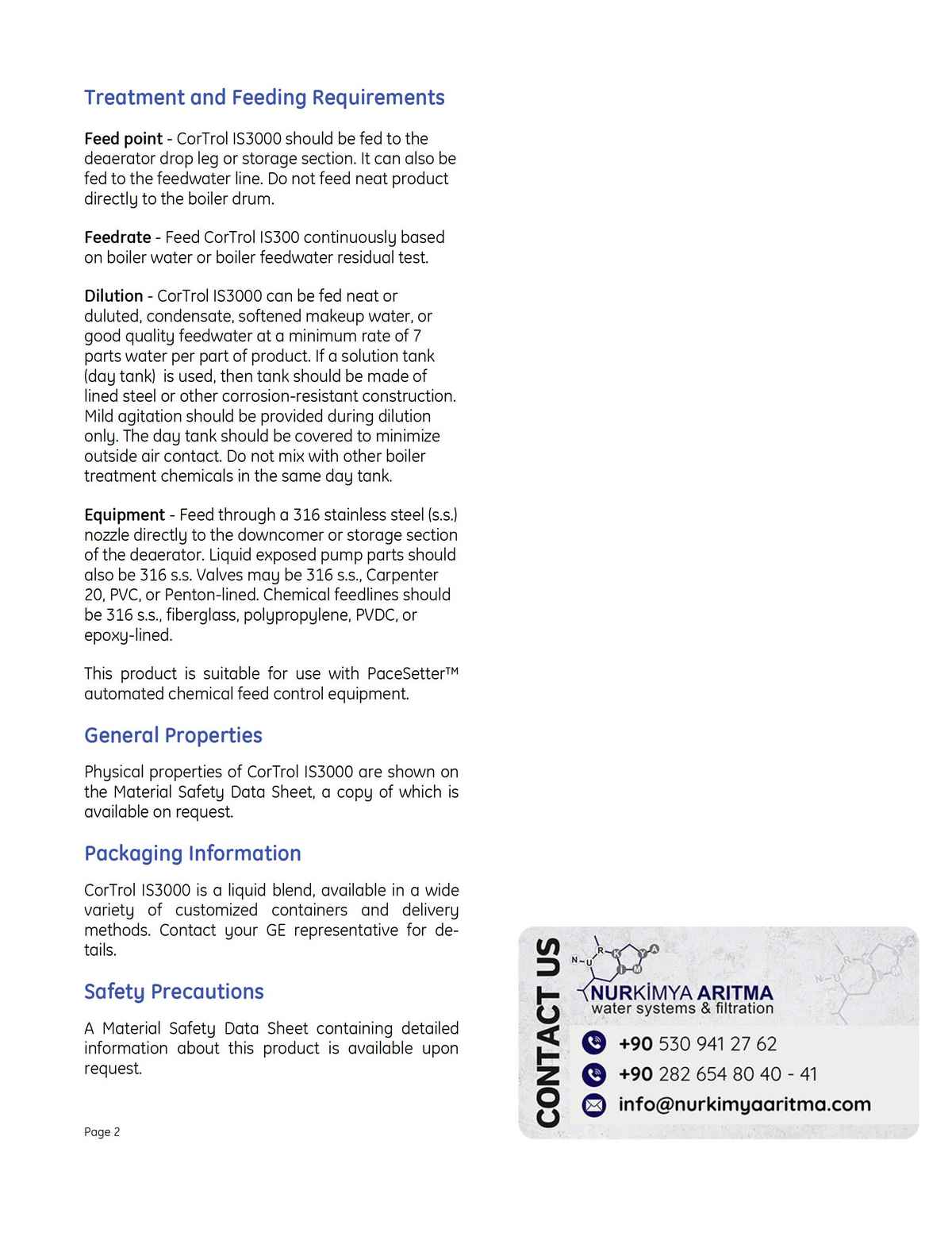 CorTrol-IS3000 Fact Sheet - Nur Kimya Arıtma