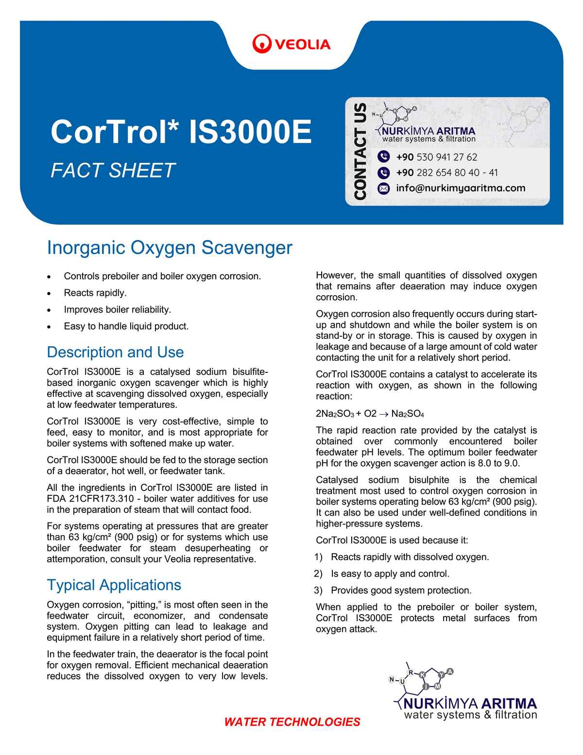 CorTrol IS3000E FACT SHEET - Nur Kimya Arıtma