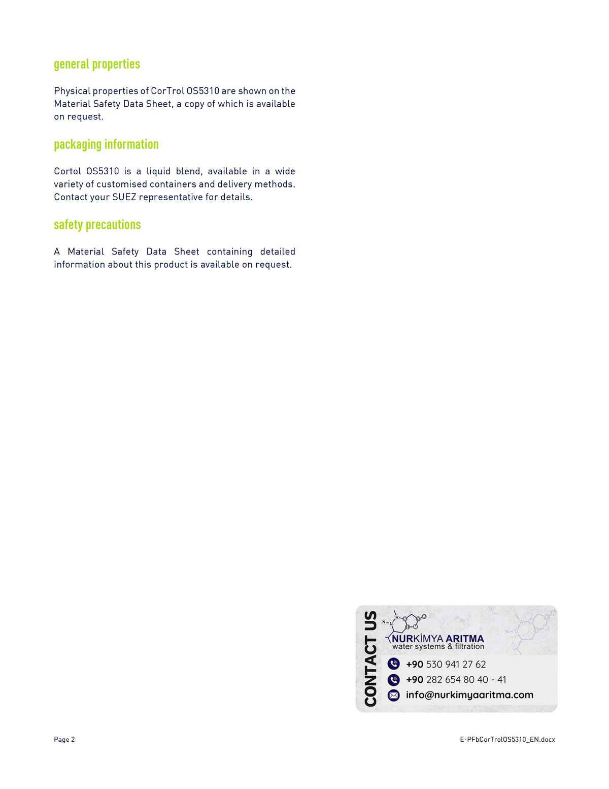 Cortrol-OS5310 Fact Sheet - Nur Kimya Arıtma