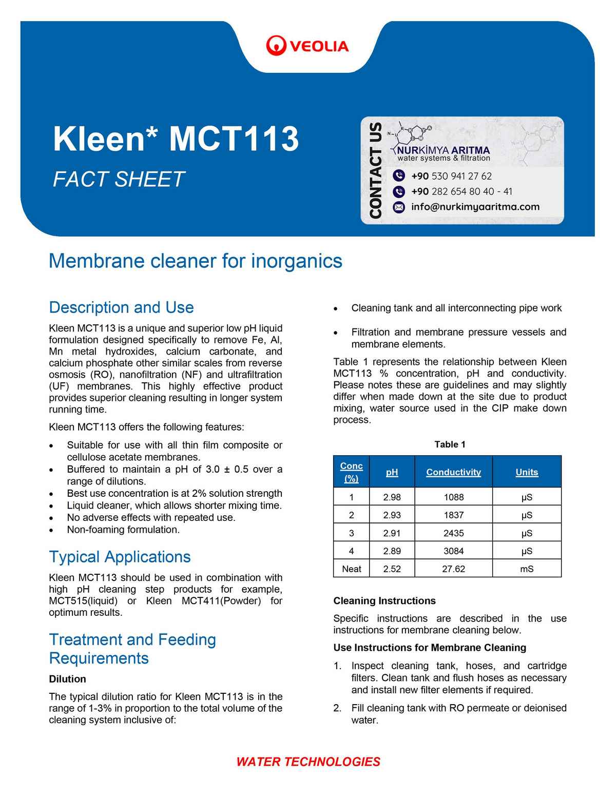 Kleen MCT113 FACT SHEET - Nur Kimya Arıtma